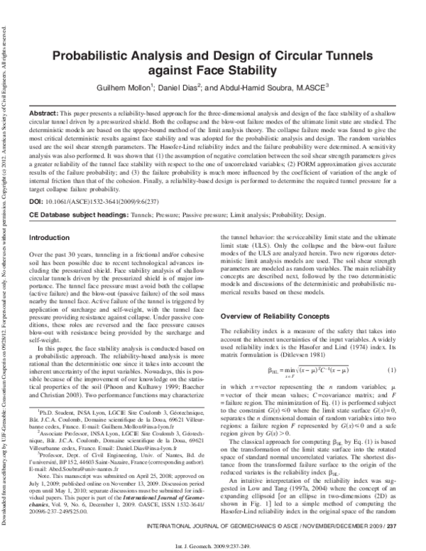 (PDF) Probabilistic Analysis and Design of Circular Tunnels against Face Stability