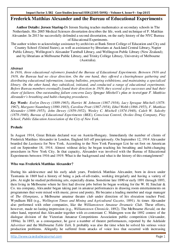 (PDF) Frederick Matthias Alexander and the Bureau of Educational ...