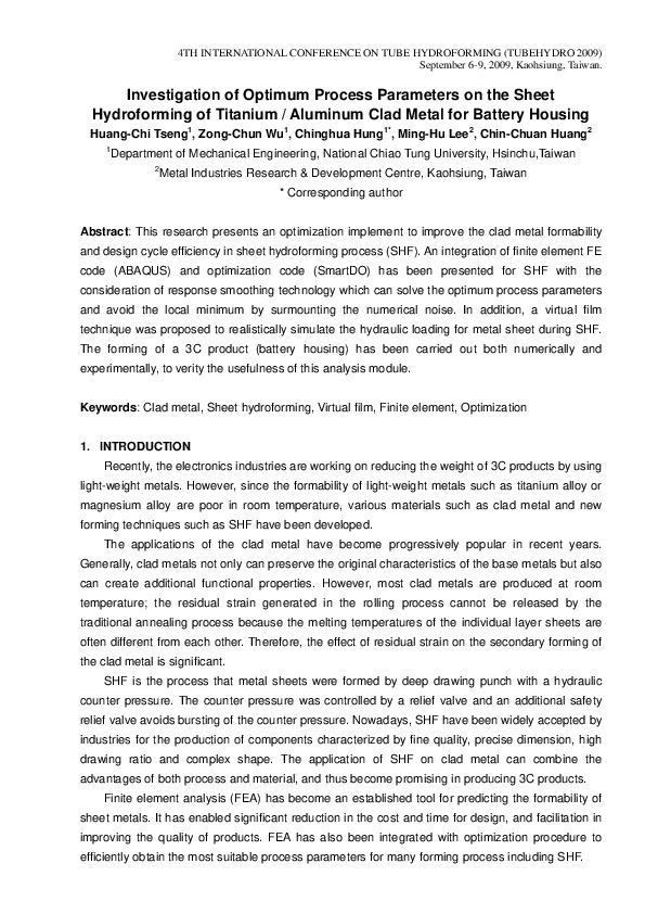 (PDF) Investigation on Sheet Hydroforming Process of Titanium/Aluminum ...