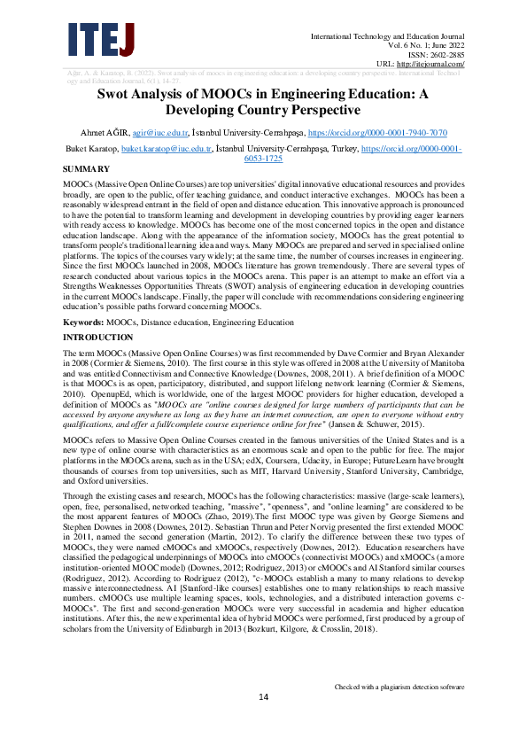 (PDF) Ağır, Ahmet, and B. U. K. E. T. Karatop. "Swot Analysis of MOOCs in Engineering Education ...