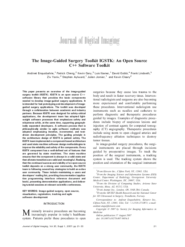 (PDF) The Image-Guided Surgery Toolkit IGSTK: An Open Source C++ Software Toolkit
