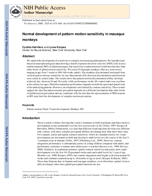 (PDF) Normal development of pattern motion sensitivity in macaque monkeys