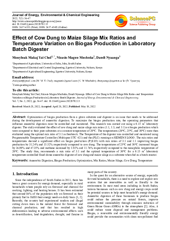 (PDF) Effect of Cow Dung to Maize Silage Mix Ratios and Temperature ...