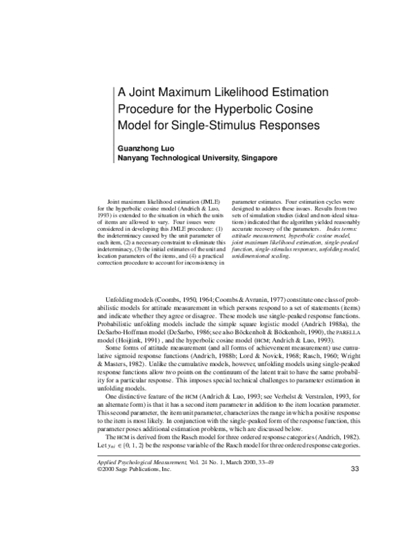 (PDF) A Joint Maximum Likelihood Estimation Procedure for the Hyperbolic Cosine Model for Single ...