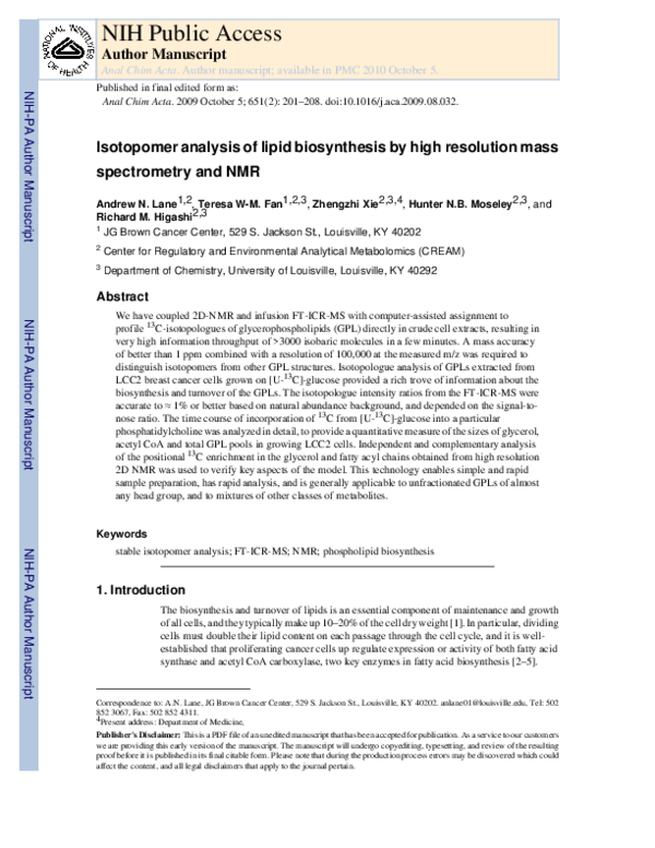 (PDF) Isotopomer analysis of lipid biosynthesis by high resolution mass ...