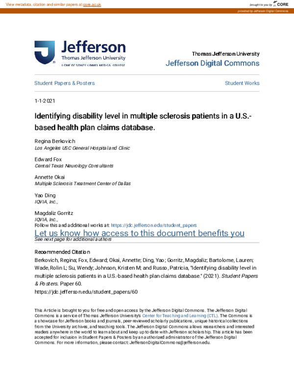 (PDF) Identifying disability level in multiple sclerosis patients in a U.S.-based health plan ...