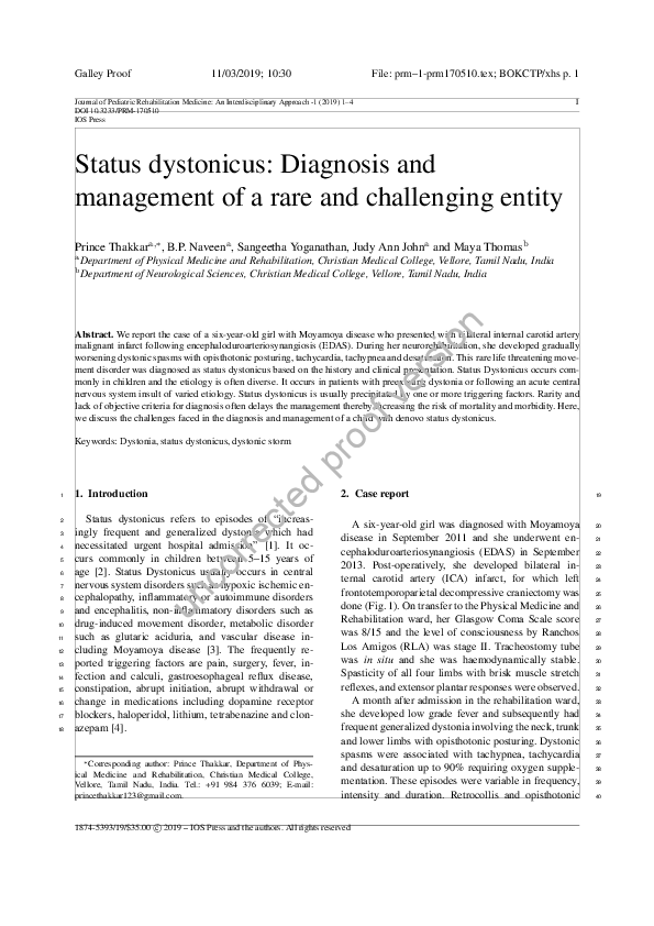 (PDF) Status dystonicus: Diagnosis and management of a rare and challenging entity
