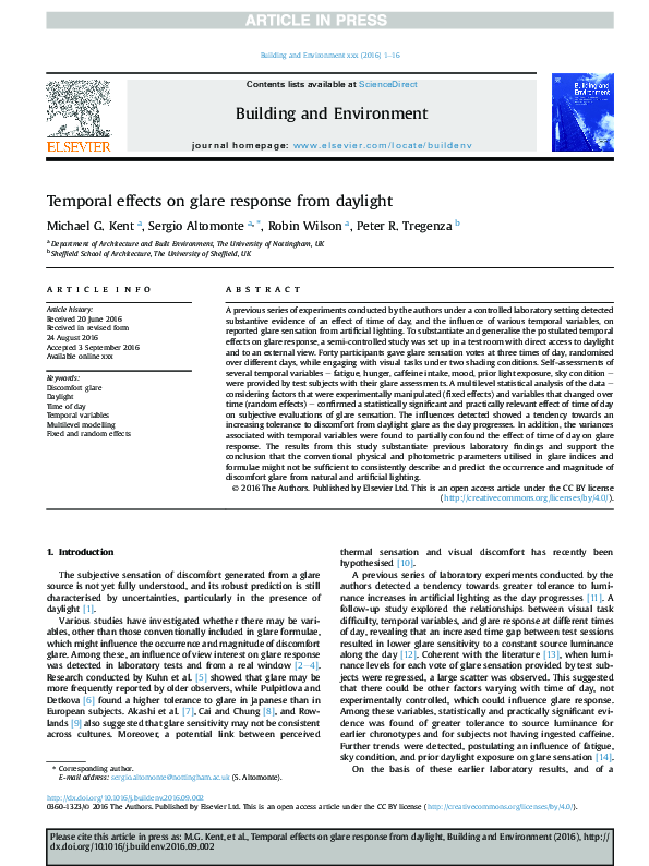 (PDF) Temporal effects on glare response from daylight