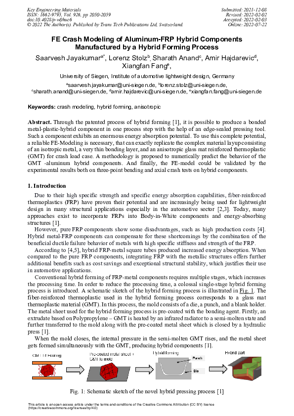 (PDF) FE Crash Modeling of Aluminum-FRP Hybrid Components Manufactured by a Hybrid Forming Process