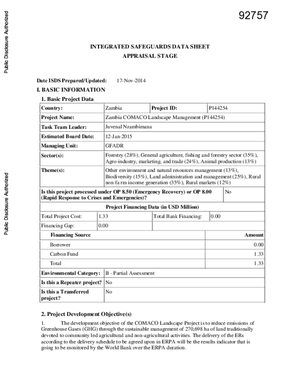 (PDF) Integrated Safeguards Data Sheet Appraisal Stage