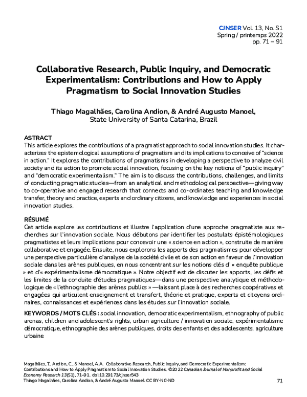 (PDF) Collaborative Research, Public Inquiry, and Democratic Experimentalism: Contributions and ...
