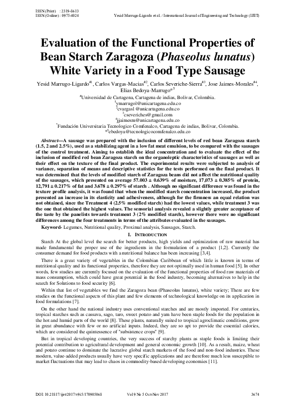 (PDF) Evaluation of the Functional Properties of Bean Starch Zaragoza (Phaseolus lunatus) White ...