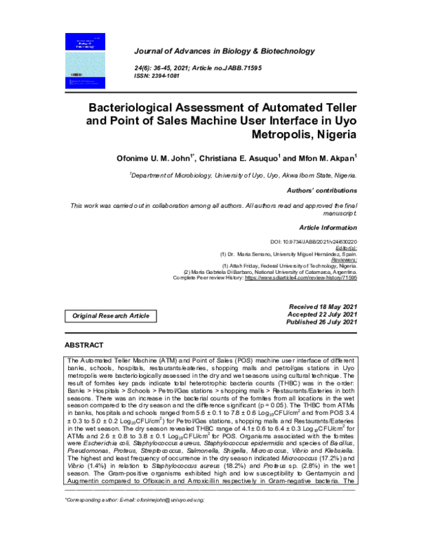 (PDF) Bacteriological Assessment of Automated Teller and Point of Sales ...