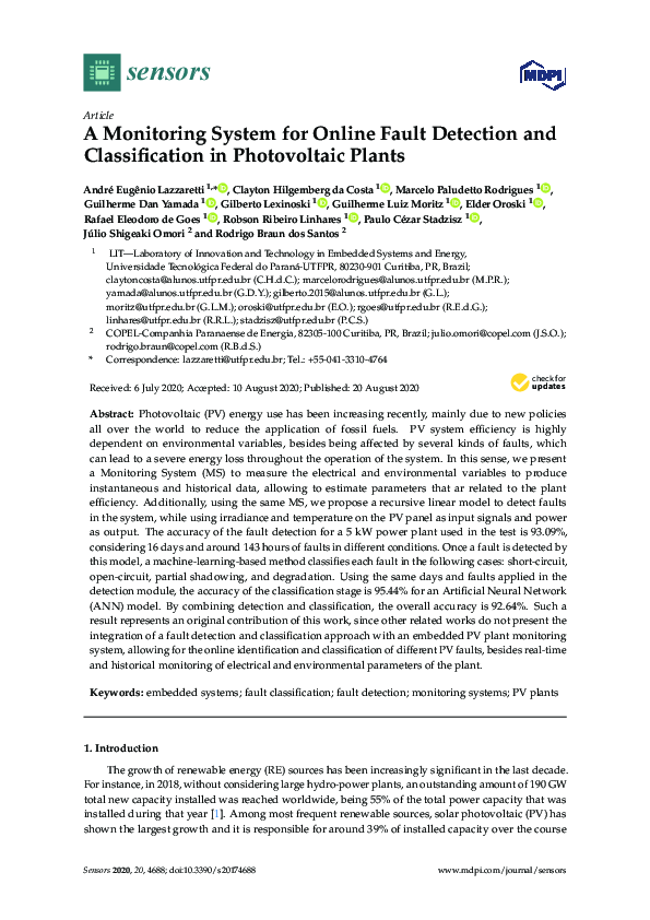 Pdf A Monitoring System For Online Fault Detection And Classification In Photovoltaic Plants