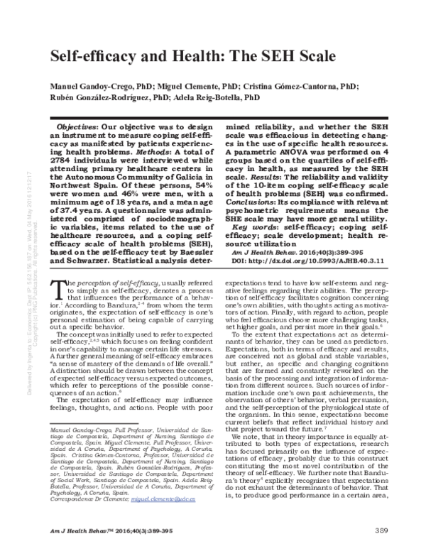 (PDF) Self-efficacy and Health: The SEH Scale