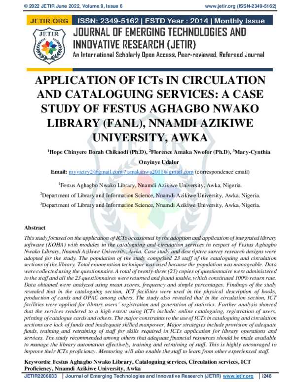 (PDF) APPLICATION OF ICTs IN CIRCULATION AND CATALOGUING SERVICES: A ...