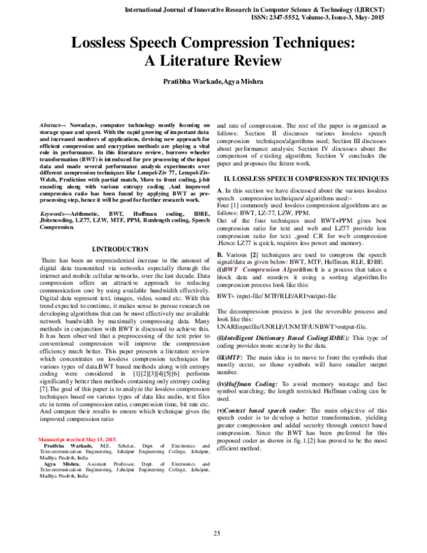 (PDF) Lossless Speech Compression Techniques: A Literature Review
