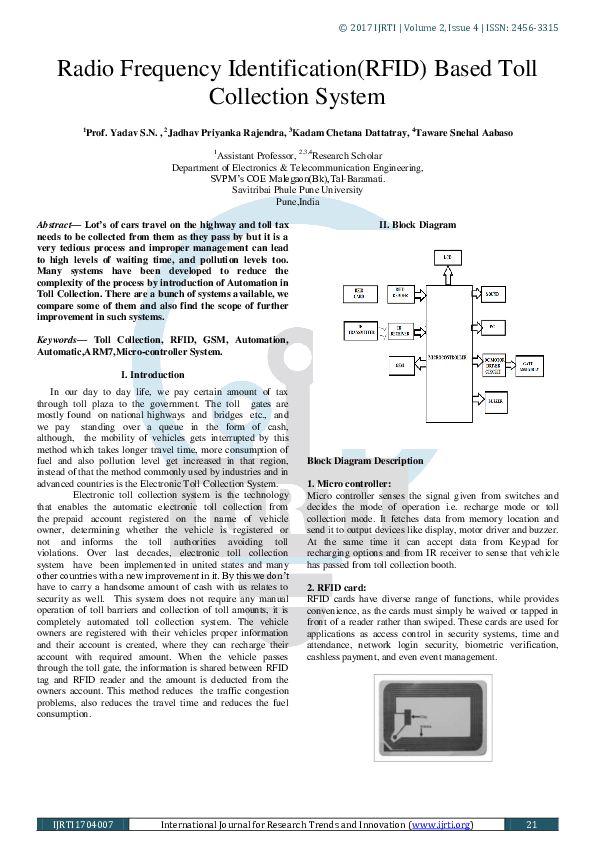 (PDF) Radio Frequency Identification (RFID) Based Toll Collection System