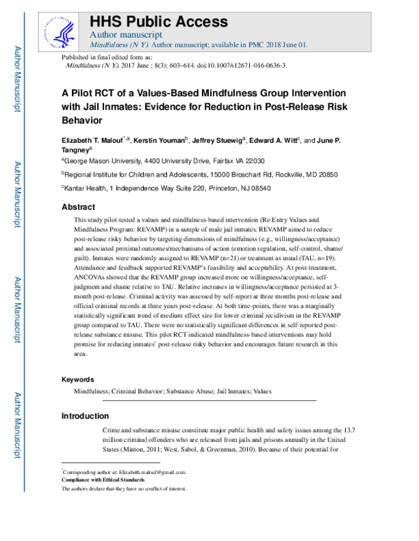 (PDF) A Pilot RCT of a Values-Based Mindfulness Group Intervention with ...