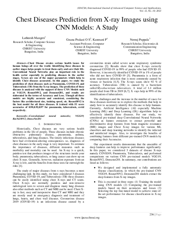 (PDF) Chest Diseases Prediction from X-ray Images using CNN Models: A Study