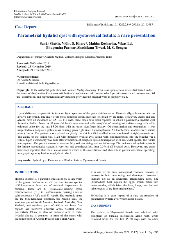(PDF) Parametrial hydatid cyst with cystovesical fistula: a rare ...