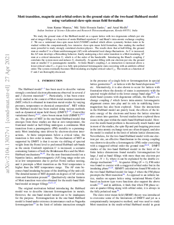 Pdf Mott Transition Magnetic And Orbital Orders In The Ground State