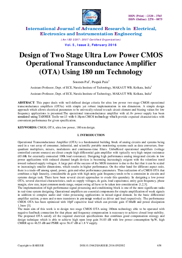 Pdf Design Of Two Stage Ultra Low Power Cmos Operational Transconductance Amplifier Ota Using