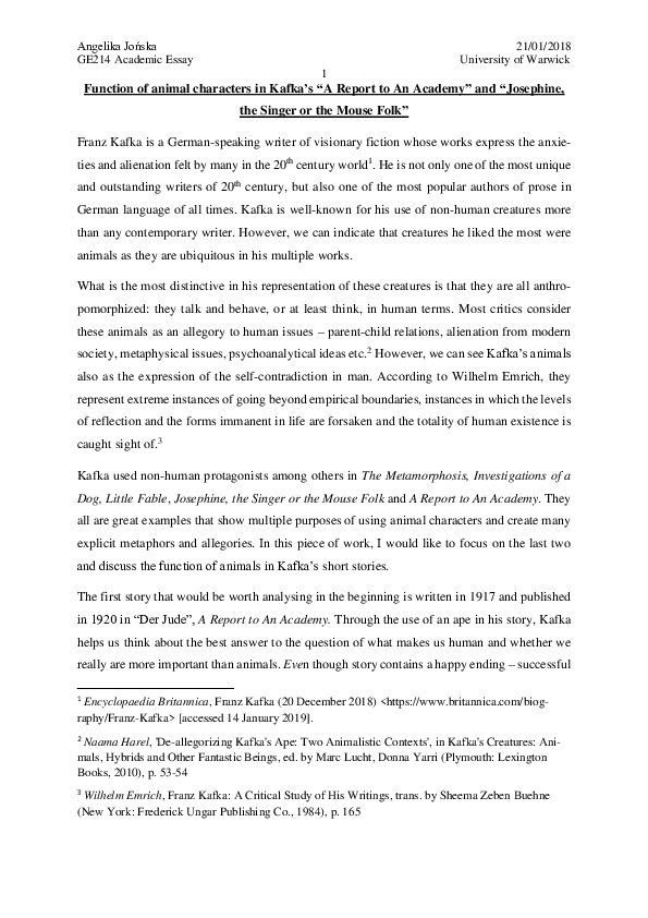 (PDF) Function of Animal Characters in Kafka's "A Report to An Academy ...
