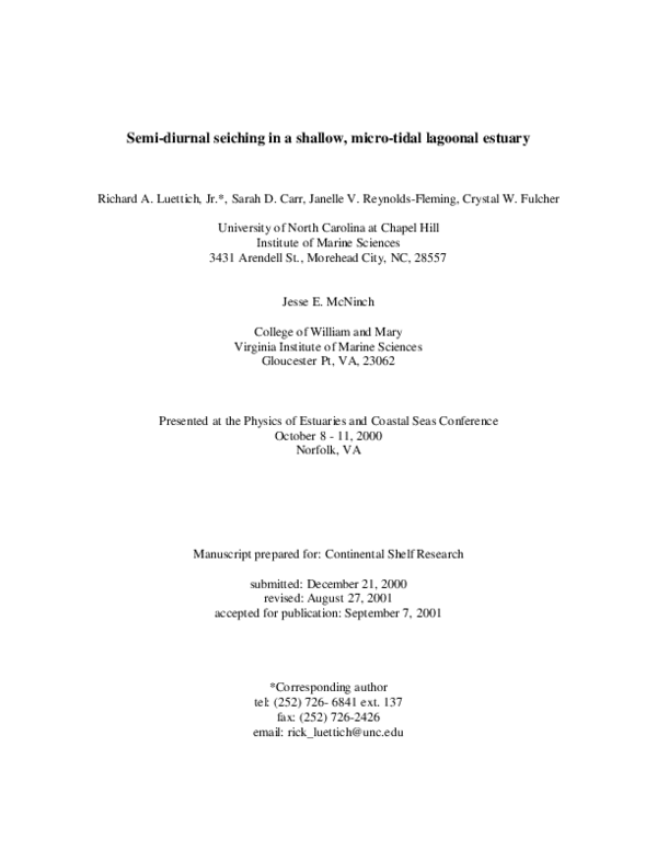 (PDF) Semi-diurnal seiching in a shallow, micro-tidal lagoonal estuary ...