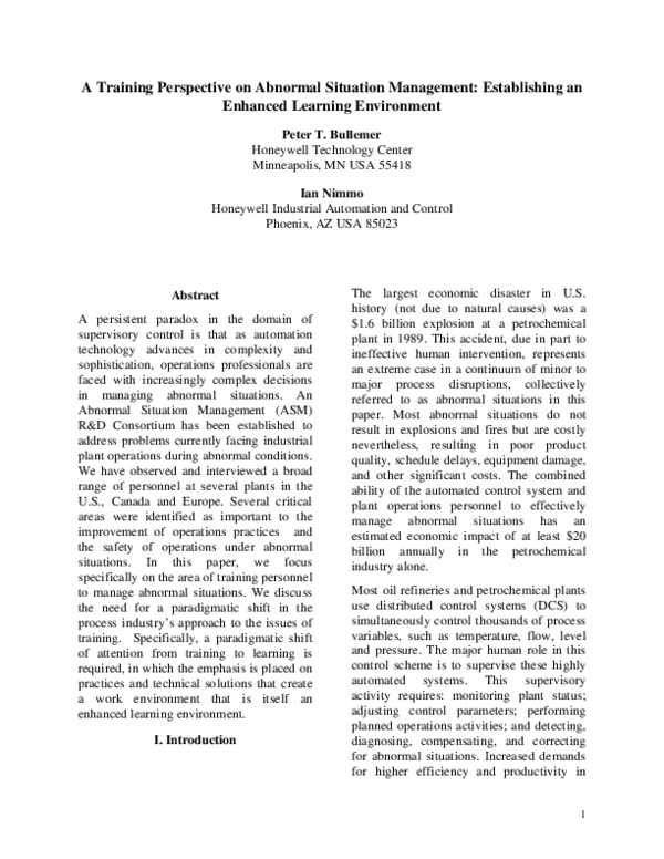(PDF) A Training Perspective on Abnormal Situation Management: Establishing an Enhanced Learning ...