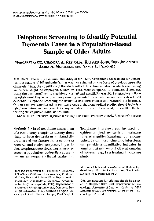(PDF) Telephone Screening to Identify Potential Dementia Cases in a ...