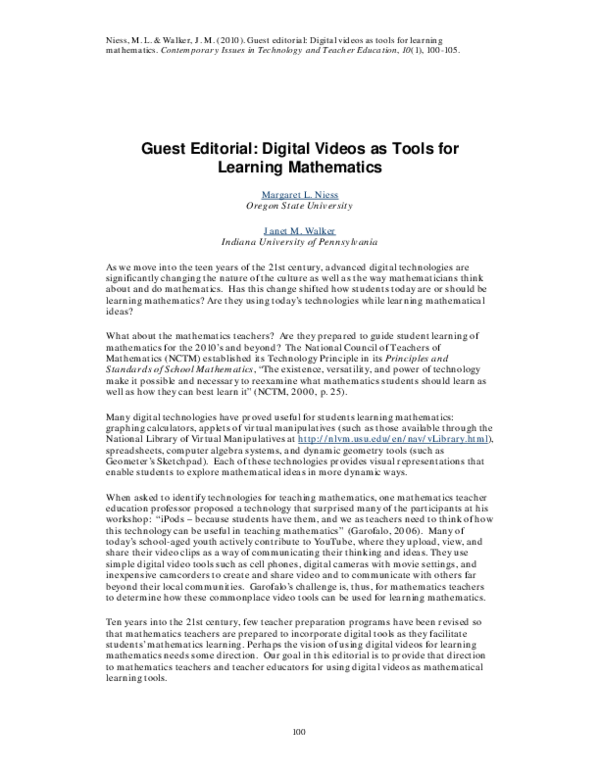 (PDF) Guest Editorial: Digital Videos as Tools for Learning Mathematics