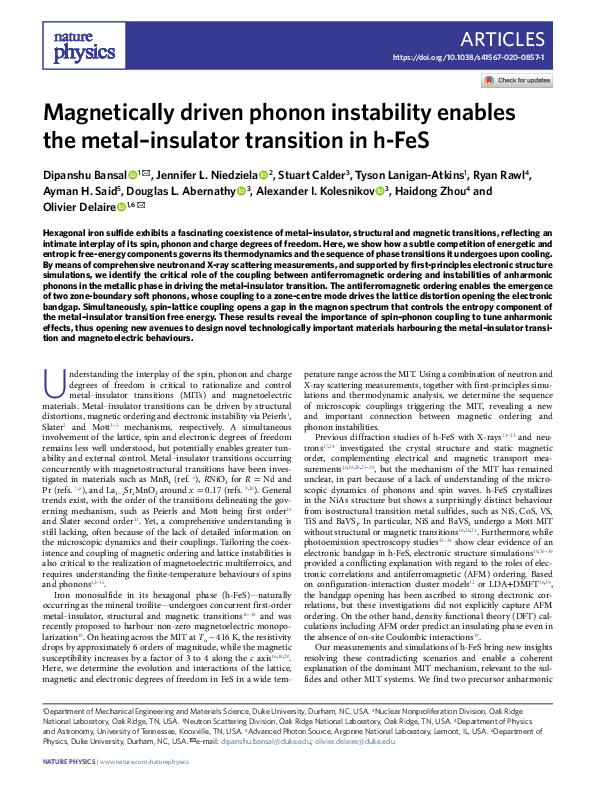 (PDF) Magnetically driven phonon instability enables the metal–insulator transition in h-FeS