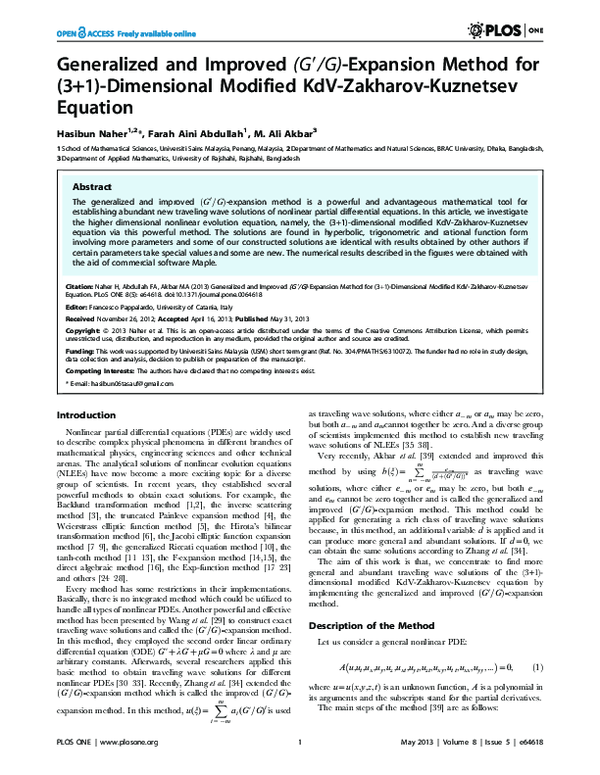 (PDF) Generalized and Improved (G9/G)-Expansion Method for (3+1)-Dimensional Modified KdV ...
