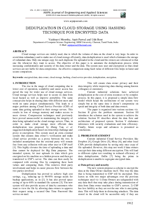 Pdf Deduplication In Cloud Storage Using Hashing Technique For Encrypted Data Vaishnavi 2645