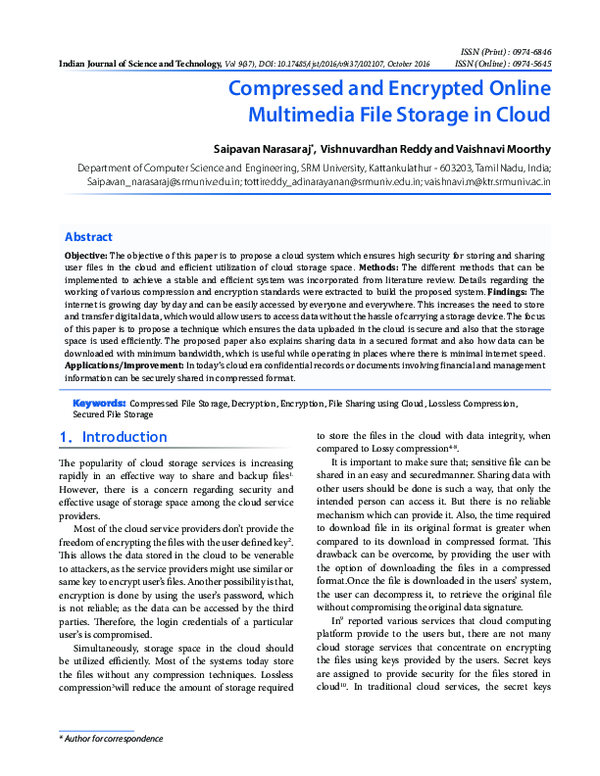 (PDF) Compressed and Encrypted Online Multimedia File Storage in Cloud