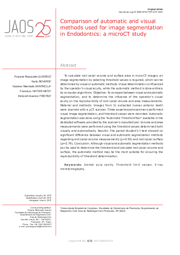 Pdf Comparison Of Automatic And Visual Methods Used For Image Segmentation In Endodontics A
