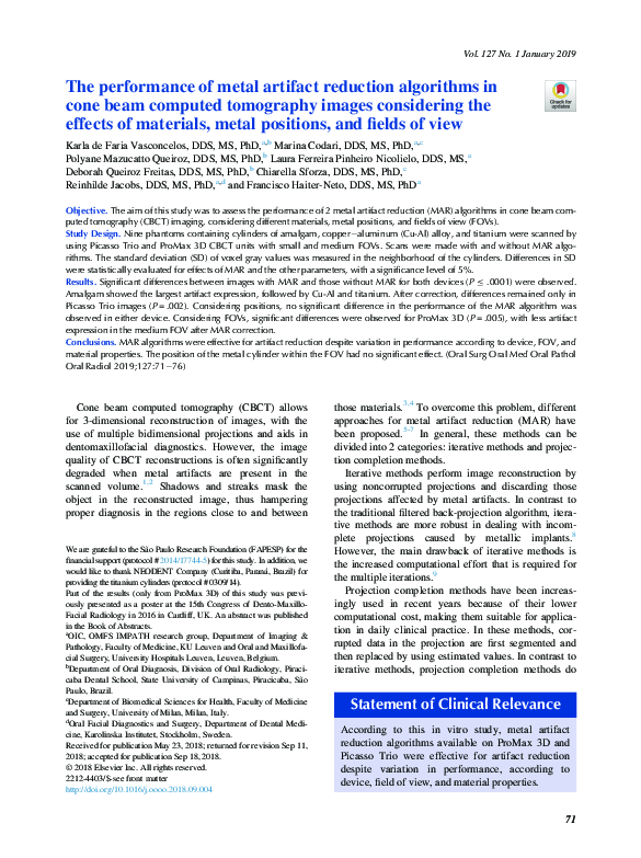 Pdf The Performance Of Metal Artifact Reduction Algorithms In Cone Beam Computed Tomography