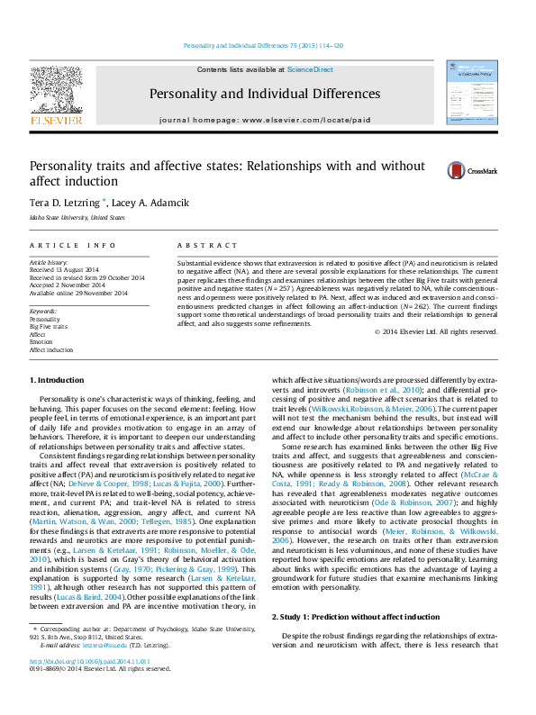 (PDF) Personality traits and affective states: Relationships with and ...