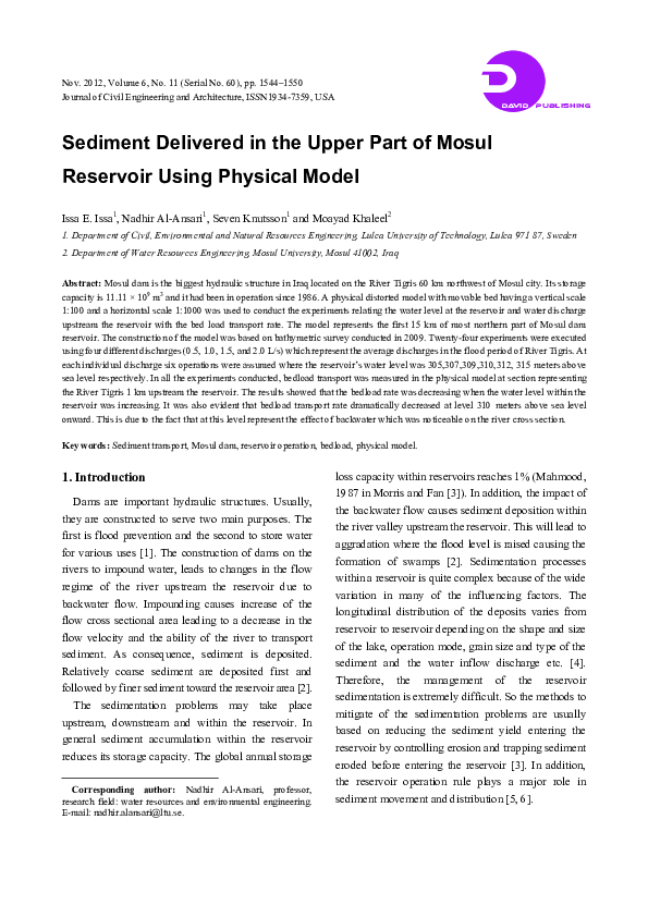 (PDF) Sediment delivered in the upper part of Mosul reservoir using ...
