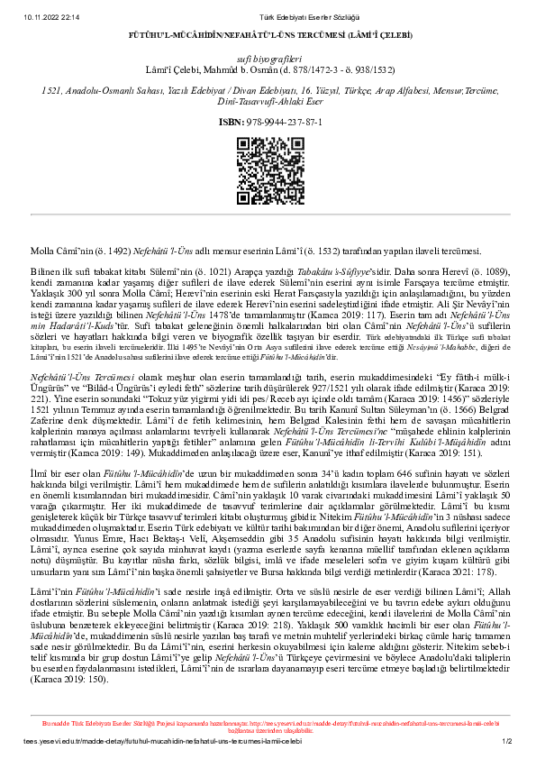 (PDF) Fütûhu'l-Mücâhidîn li-Tervîhi Kulûbi'l-Müşâhidîn (Nefehâtü'l-Üns ...