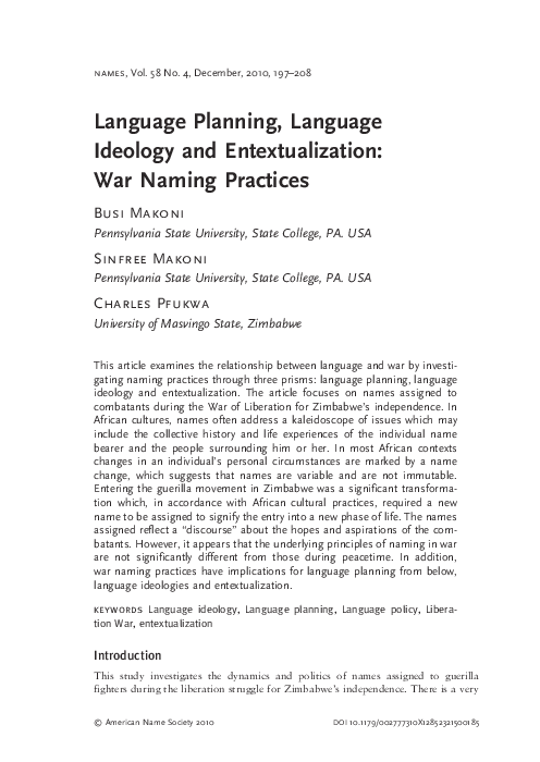 (PDF) Language Planning, Language Ideology and Entextualization: War Naming Practices