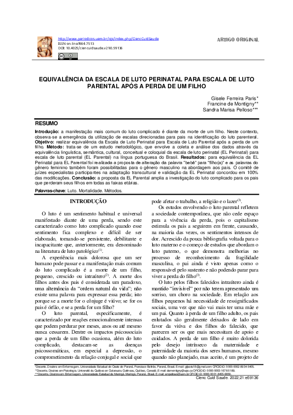 (PDF) Equivalência da escala de luto perinatal para escala de luto ...