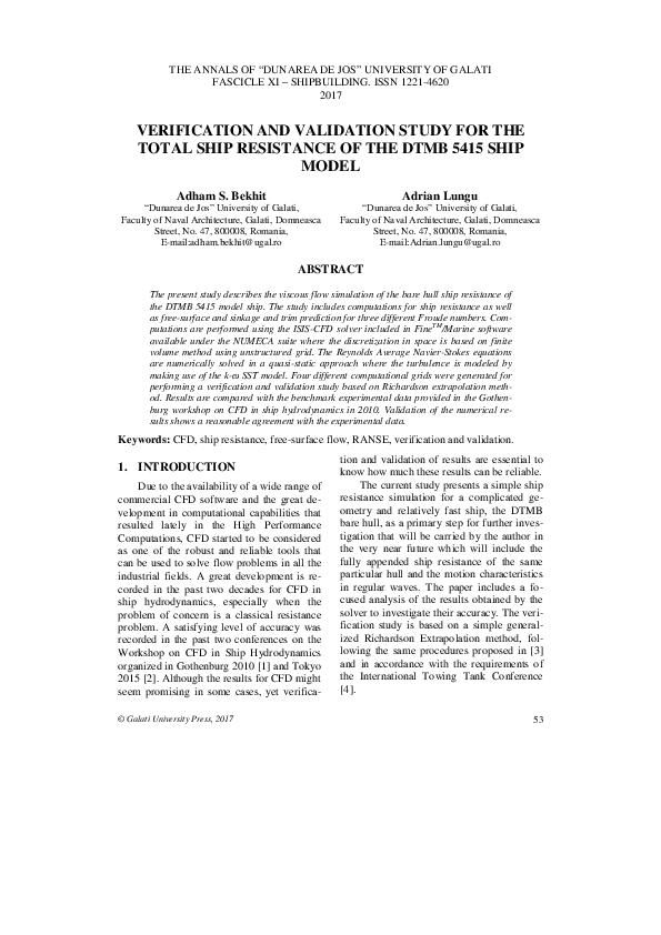 (PDF) Verification and Validation Study for the Total Ship Resistance of the DTMB 5415 Ship Model