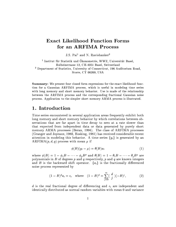 (PDF) Exact Likelihood Function Forms for an ARFIMA Process