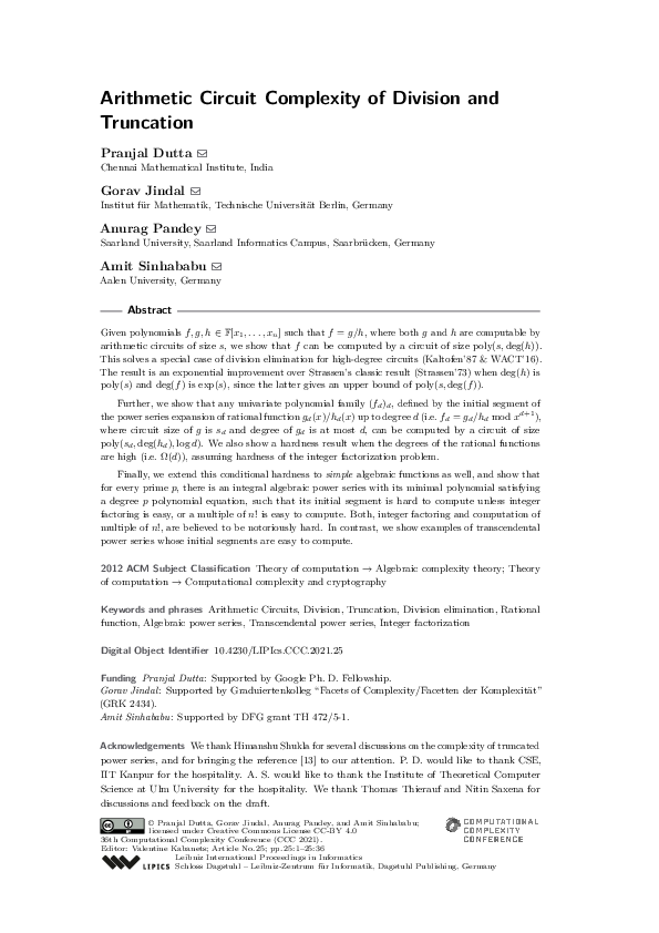 (PDF) Arithmetic circuit complexity of division and truncation