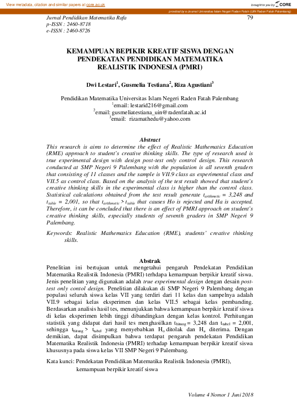 (PDF) Kemampuan Berpikir Kreatif Siswa dengan Pendekatan Pendidikan Matematika Realistik ...