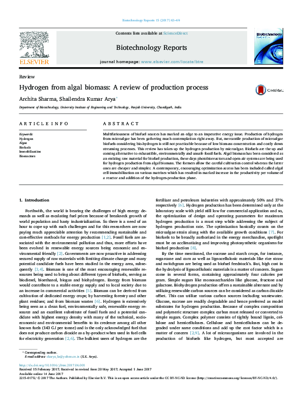 (PDF) Hydrogen from algal biomass: A review of production process