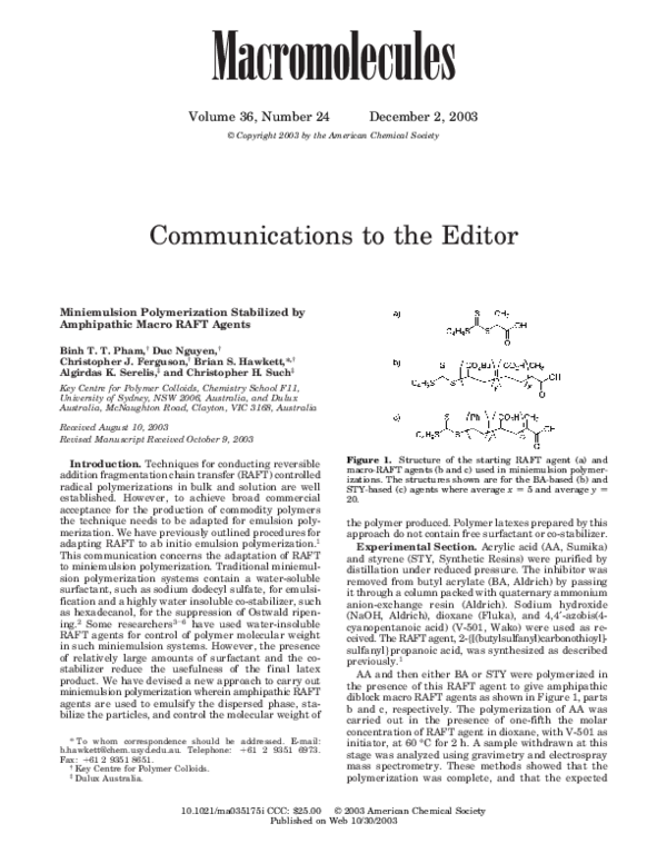 (PDF) Miniemulsion Polymerization Stabilized by Amphipathic Macro RAFT ...