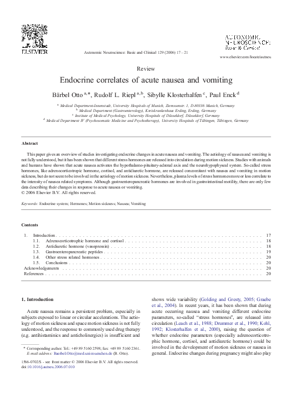 (PDF) Endocrine correlates of acute nausea and vomiting
